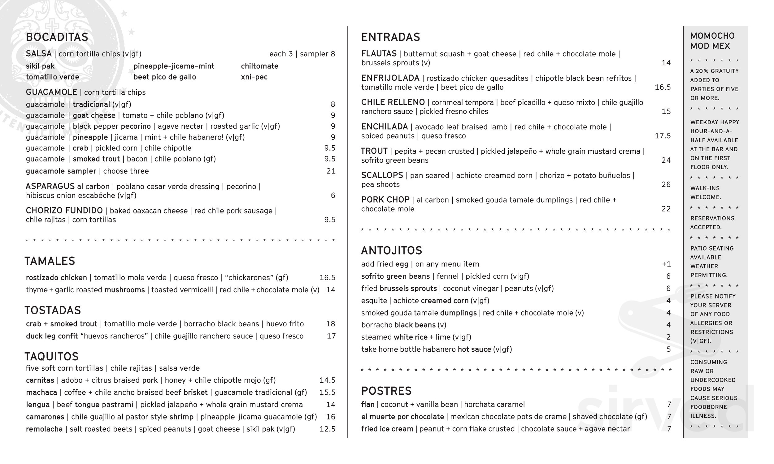 Momocho menu in Cleveland, Ohio, USA