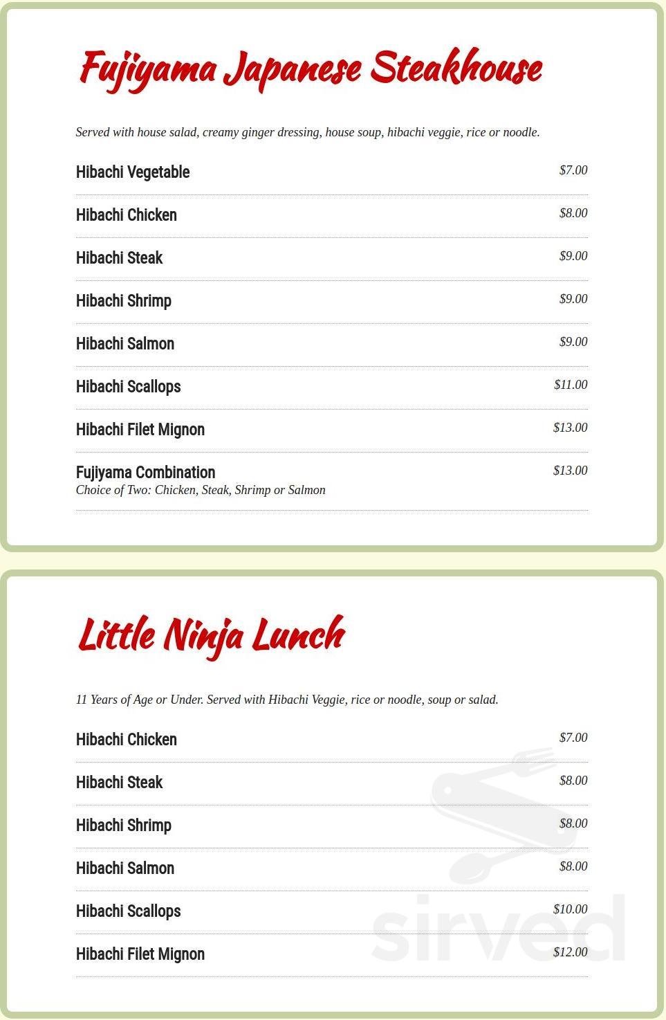 Menu - Jacksonville IL's Fujiyama Japanese Steakhouse | Sirved