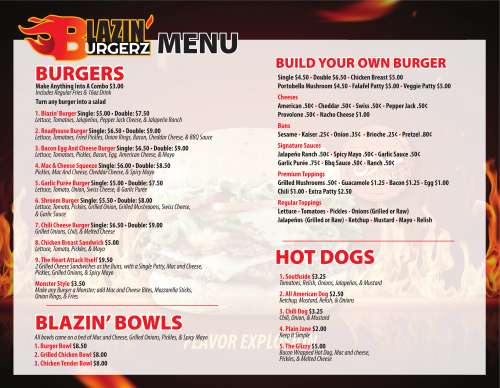 Blazin' Burgerz menu in Ypsilanti, Michigan, USA