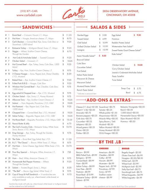 Carl's Deli menu in Cincinnati, Ohio, USA