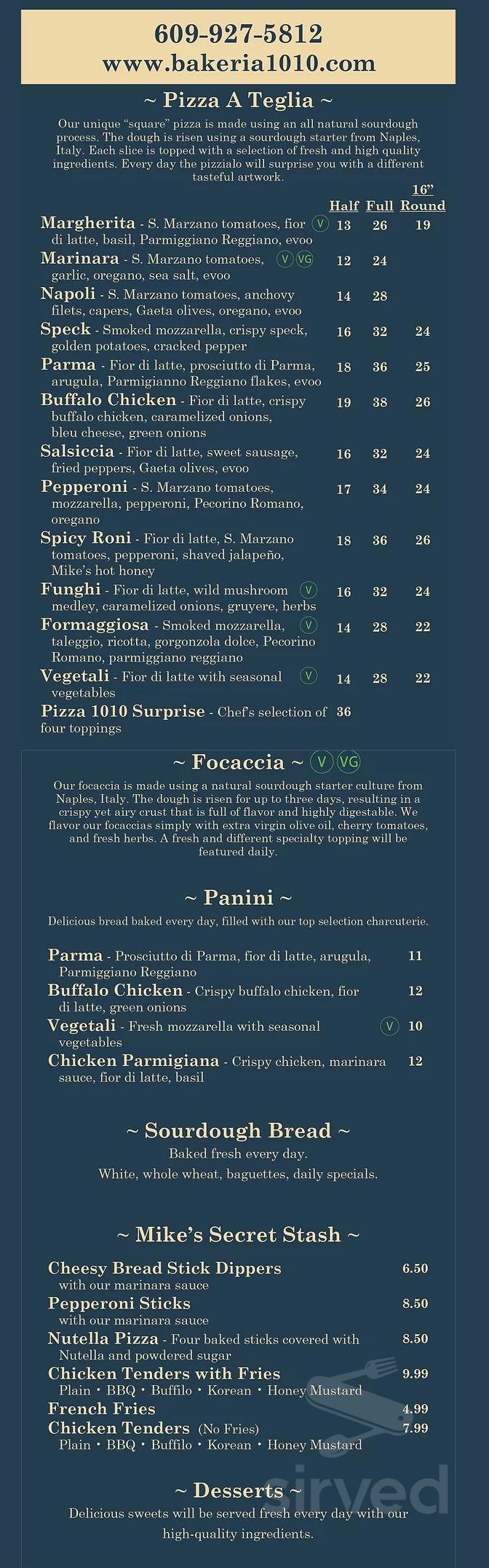Bakeria 1010 menu in Linwood, New Jersey, USA