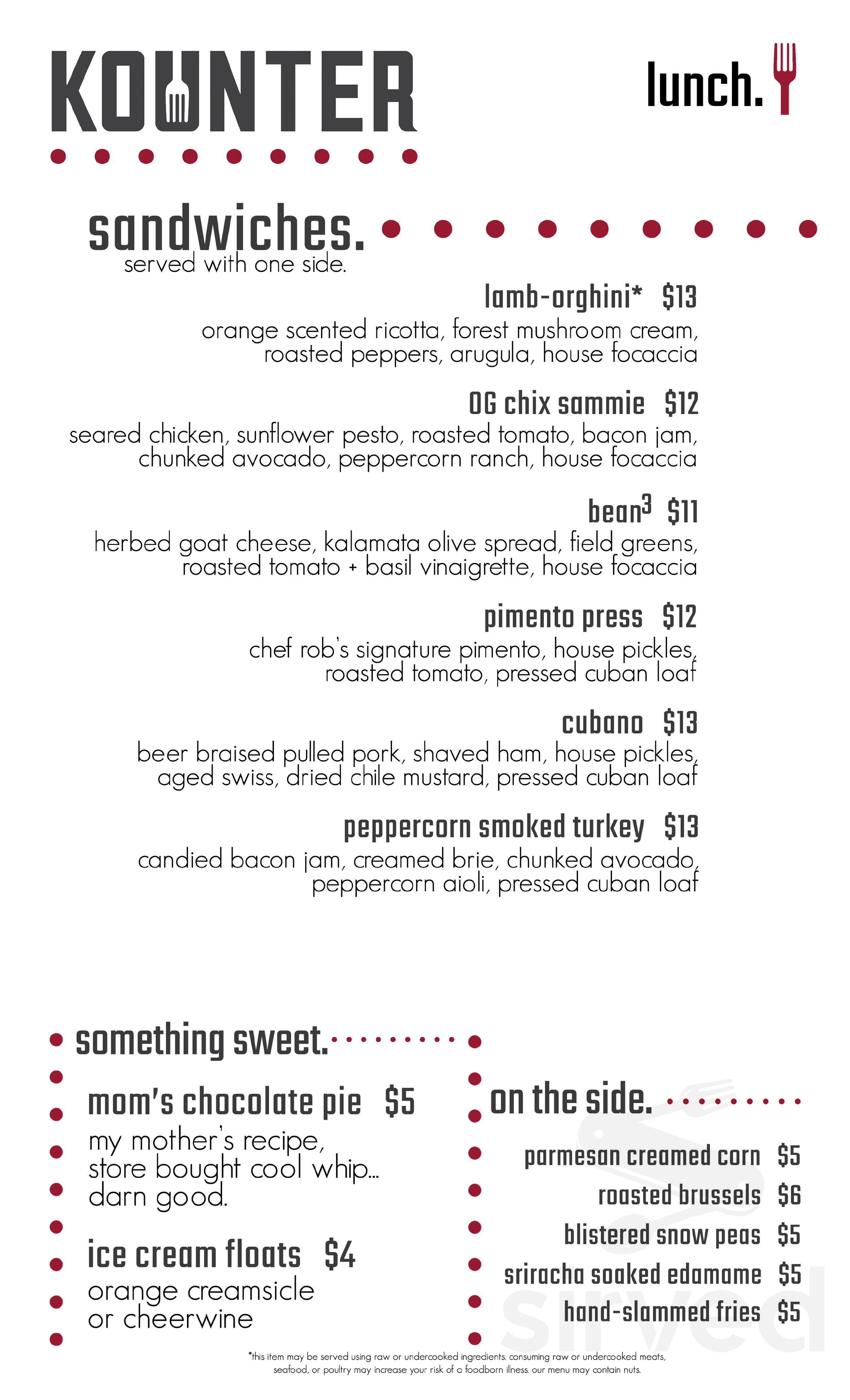 Kounter menu in Rock Hill, South Carolina, USA
