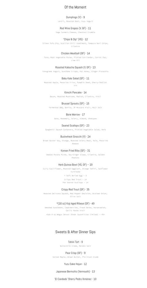 Jollity menu in Dayton, Ohio, USA