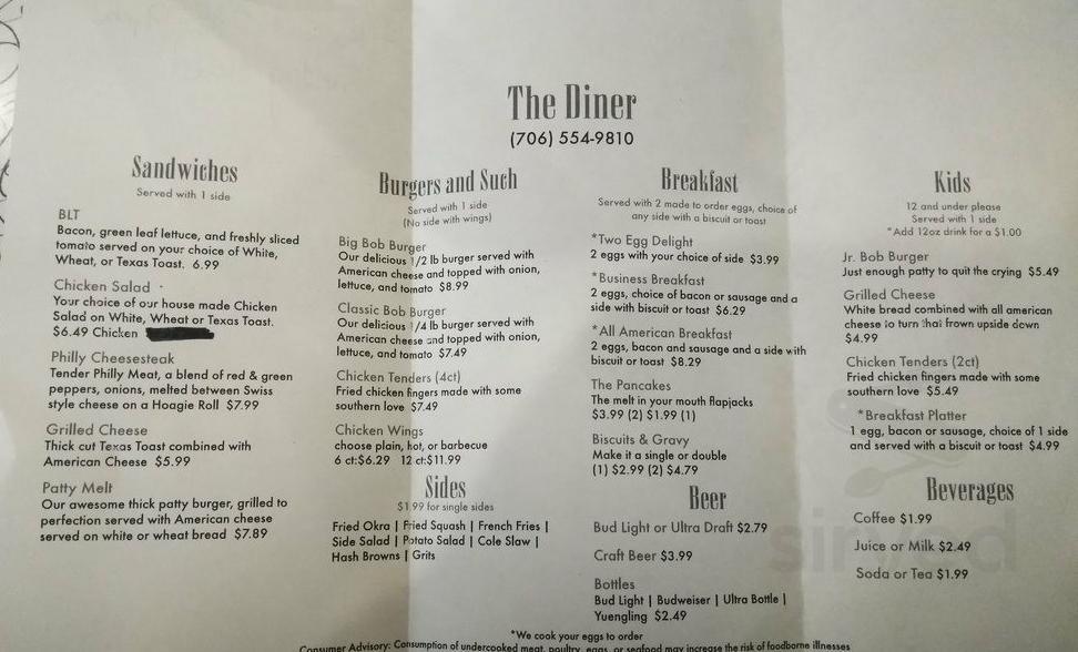 The Diner menu in Waynesboro, Georgia, USA