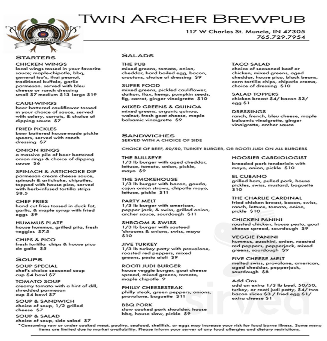 Menu for Twin Archer Brewpub in Muncie, IN | Sirved
