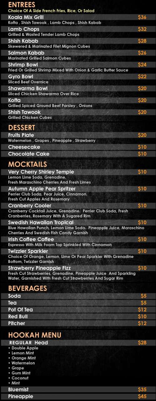 Koala lounge menu in Hackensack, New Jersey, USA