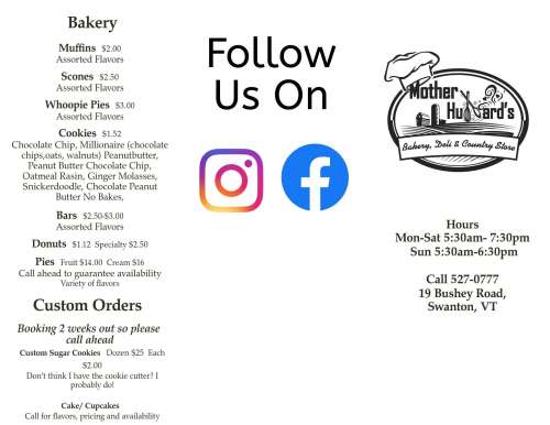 Mother Hubbard's Bakery Deli menu in St Albans City, Vermont, USA