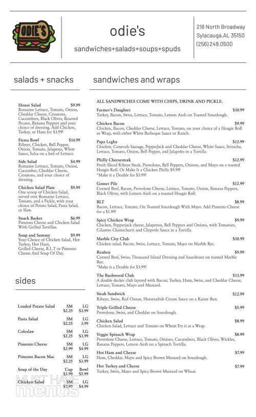 Odie's Delicatessen menu in Sylacauga, Alabama, USA