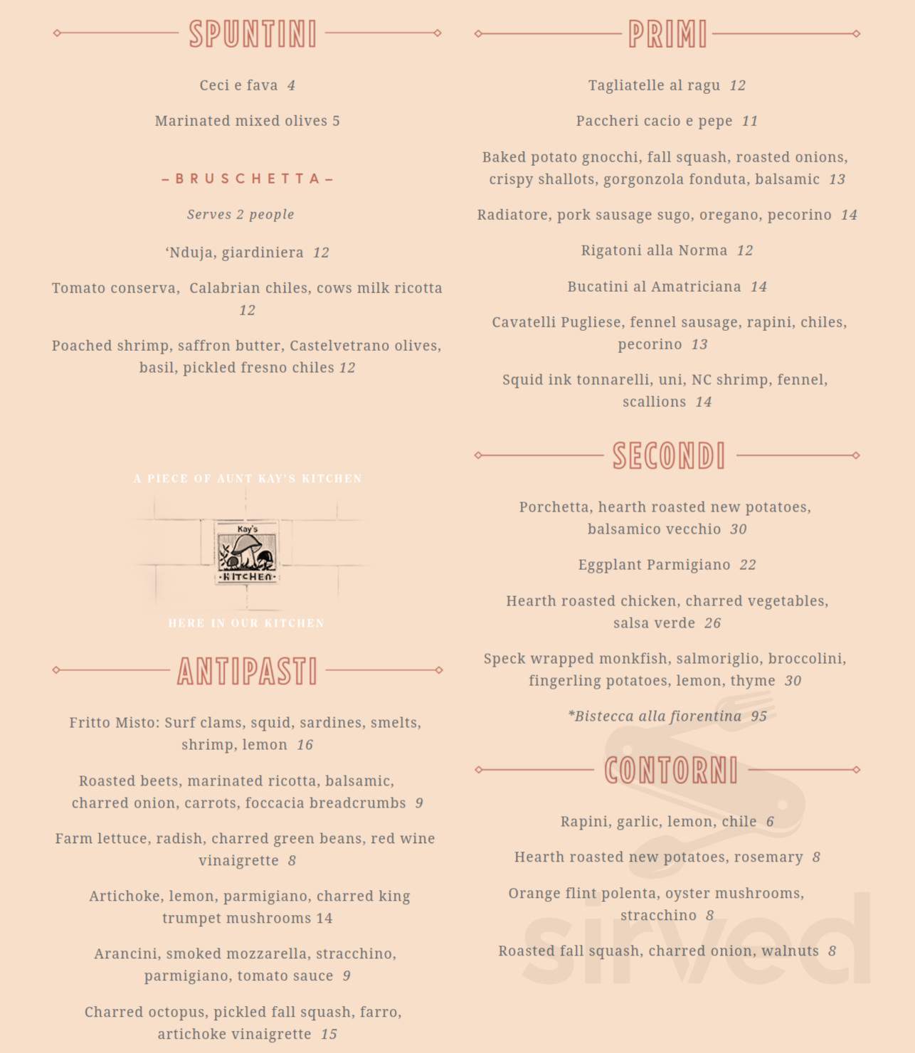 Mothers & Sons Trattoria menu in Durham, North Carolina, USA