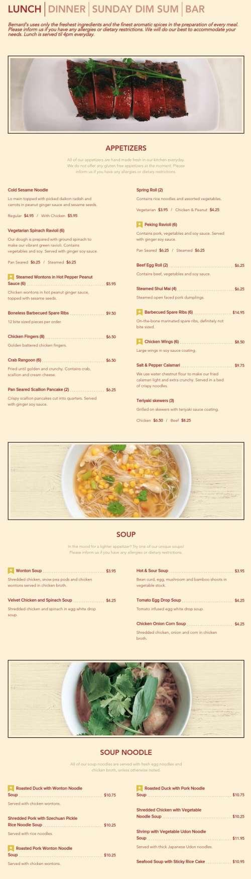 Bernard's menu in Chestnut Hill, Massachusetts, USA