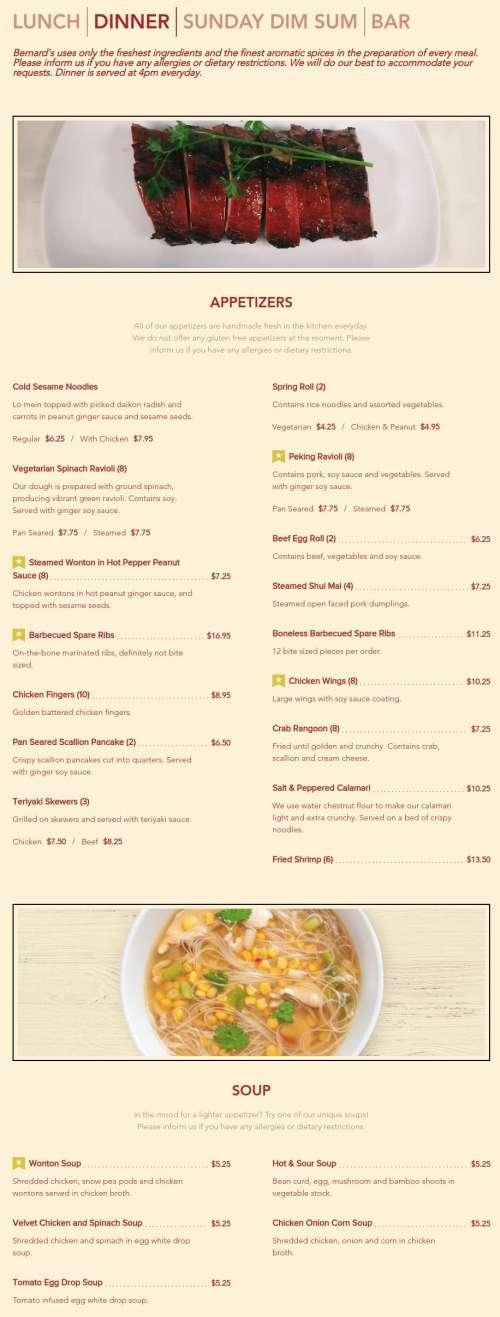 Bernard's menu in Chestnut Hill, Massachusetts, USA