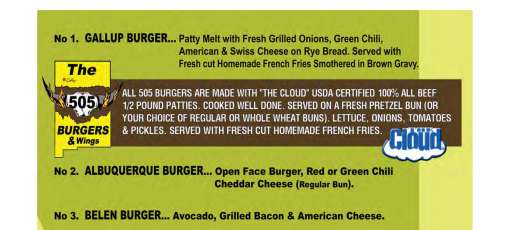 Menu for The 505 Burgers & Wings in Gallup, NM | Sirved