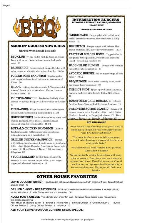 The Intersection BBQ, Bar & Grill menu in New Meadows, Idaho, USA