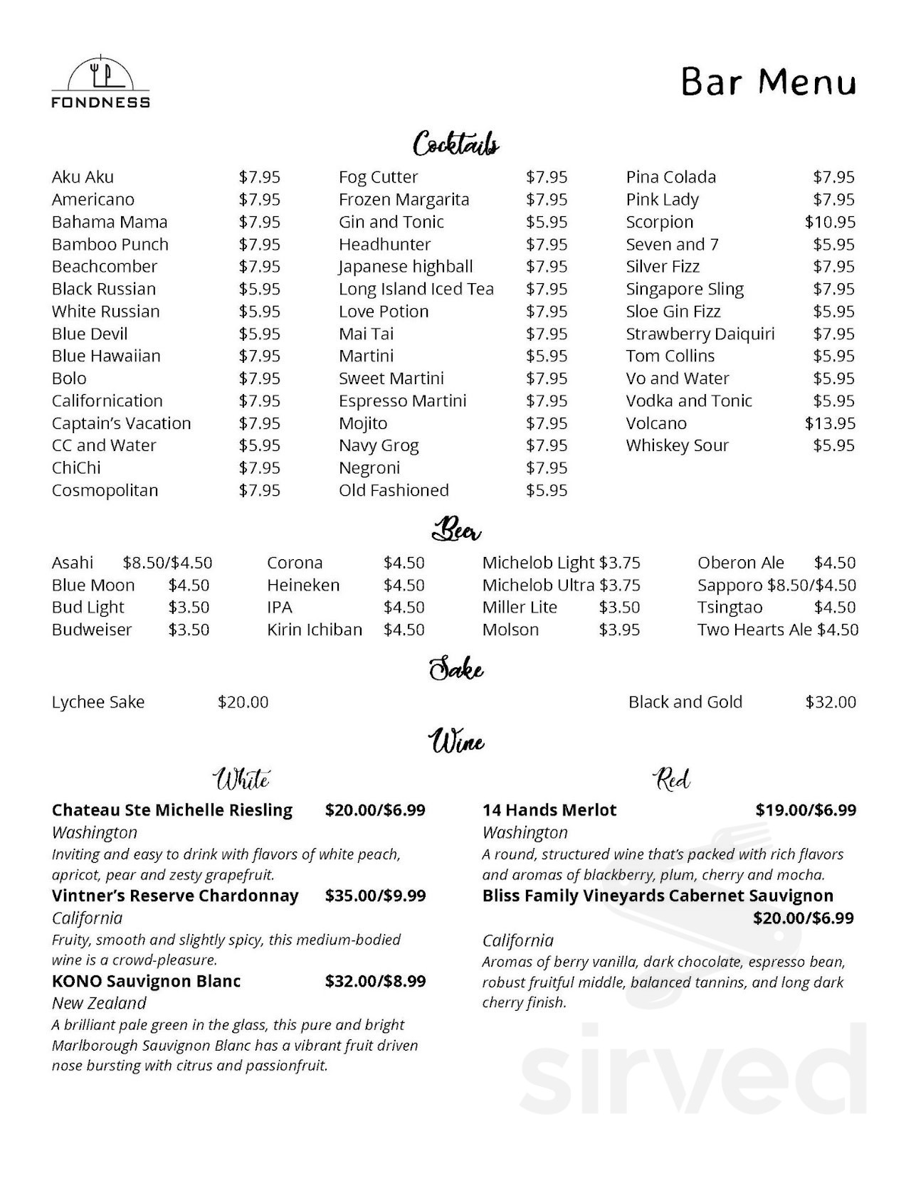 Fondness menu in Pinckney, Michigan, USA