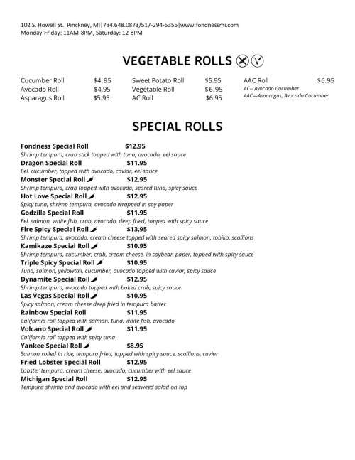 Fondness menu in Pinckney, Michigan, USA
