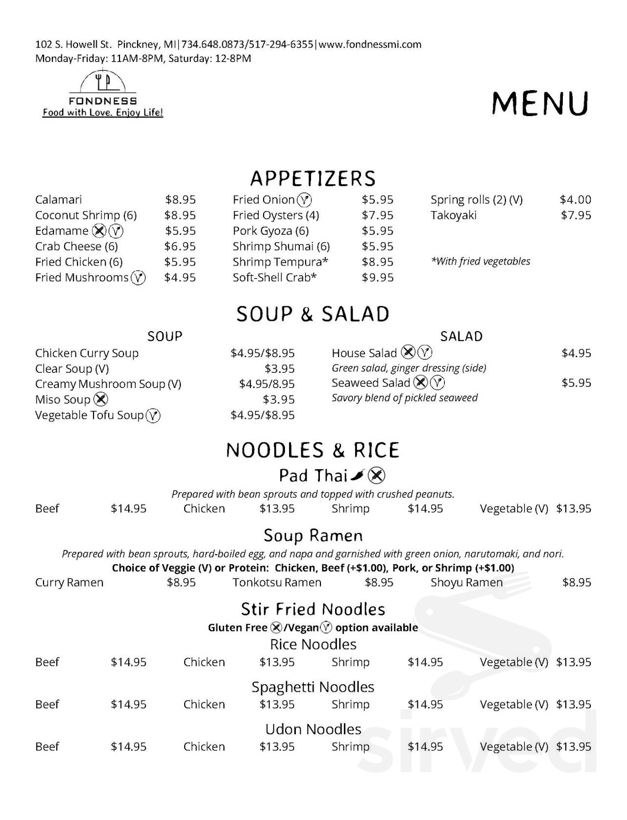Fondness menu in Pinckney, Michigan, USA