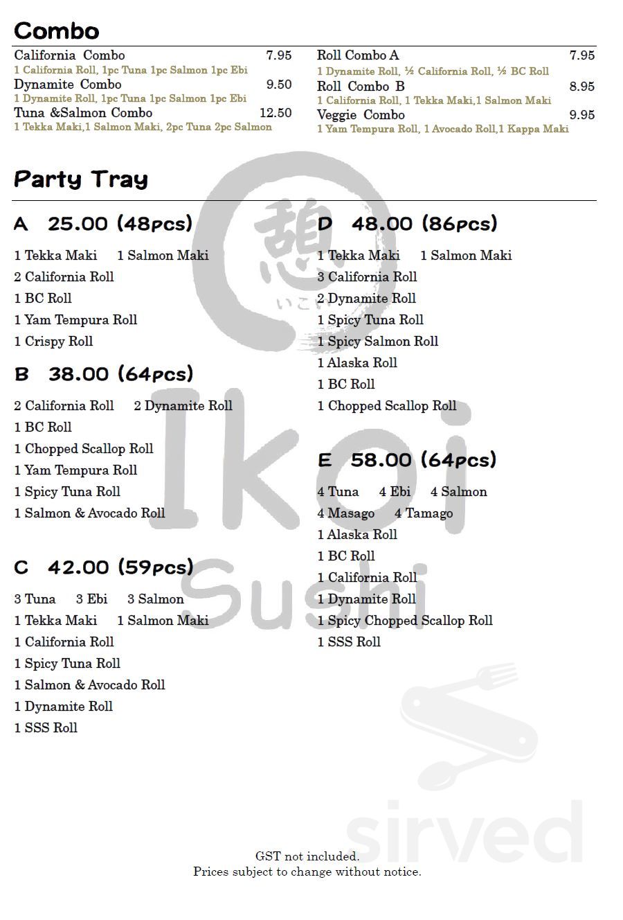 Ikoi Sushi menus in New Westminster, British Columbia, Canada