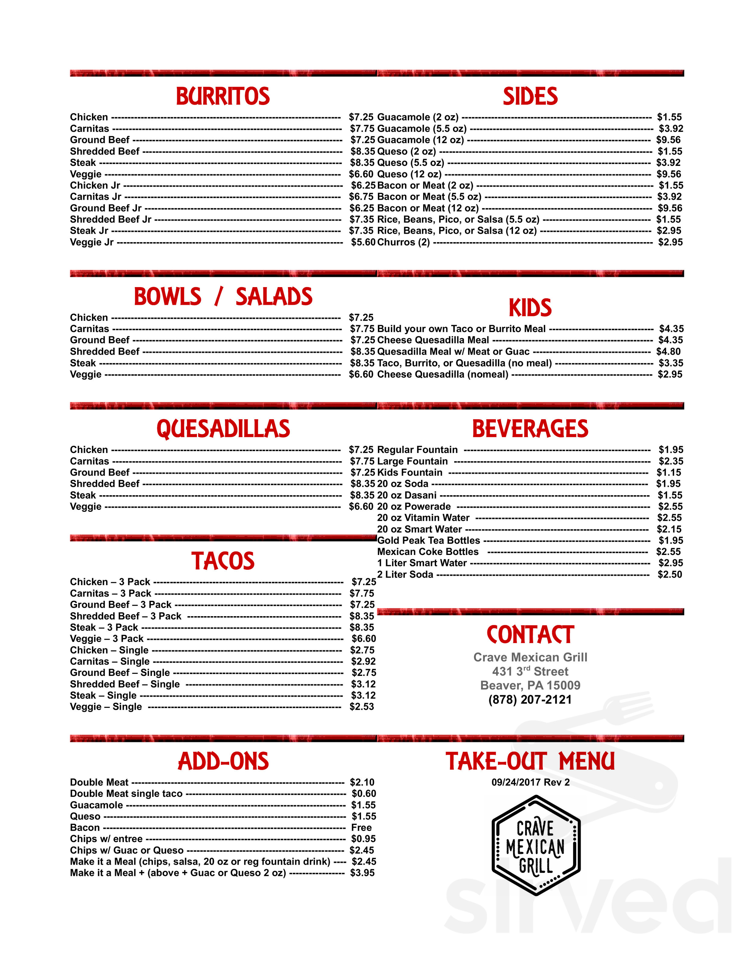 Crave Mexican Grill menu in Beaver, Pennsylvania, USA