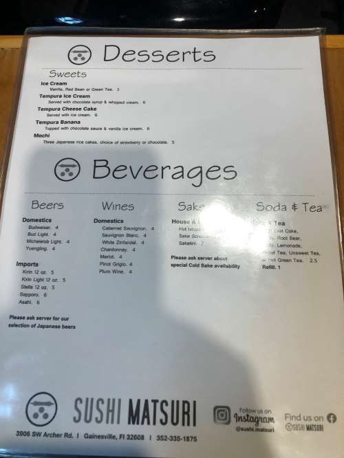 Sushi Matsuri Japanese Restaurant menu in Gainesville, Florida, USA