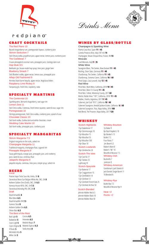 Red Piano Lounge menu in Oklahoma City, Oklahoma, USA