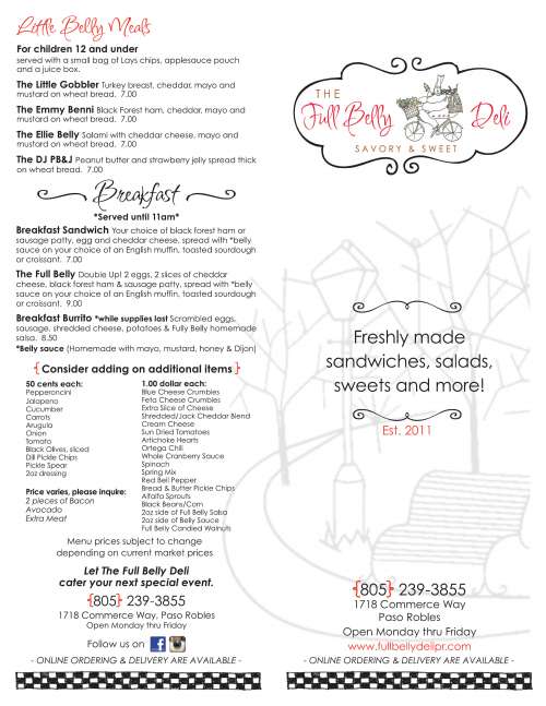 The Full Belly Deli menu in Paso Robles, California, USA
