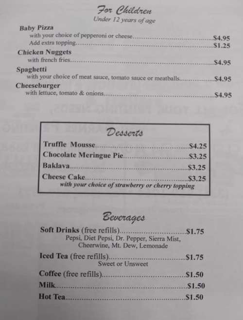 Zeno's Italian Restaurant menu in Troy, North Carolina, USA