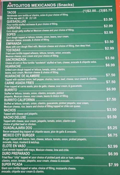 El Taco Shop menu in Mocksville, North Carolina, USA