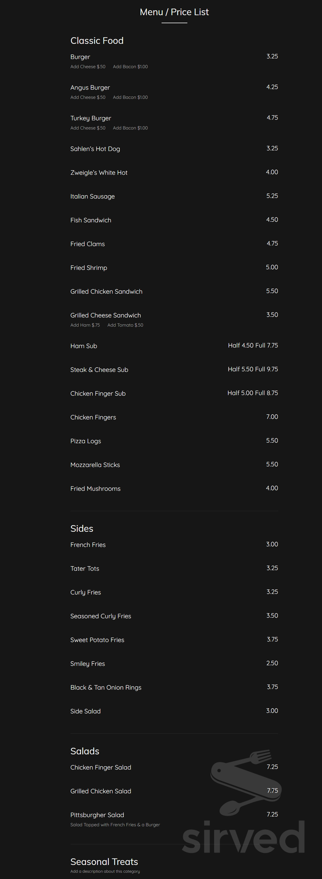 Brownie's Custard Stand / Eats and Treats menu in Wilson, New York, USA