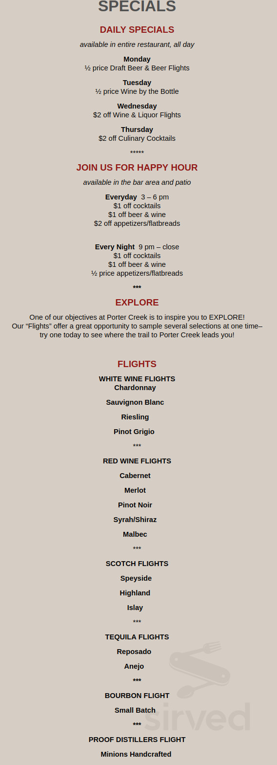 Menu for Porter Creek Hardwood Grill in Fargo, ND | Sirved