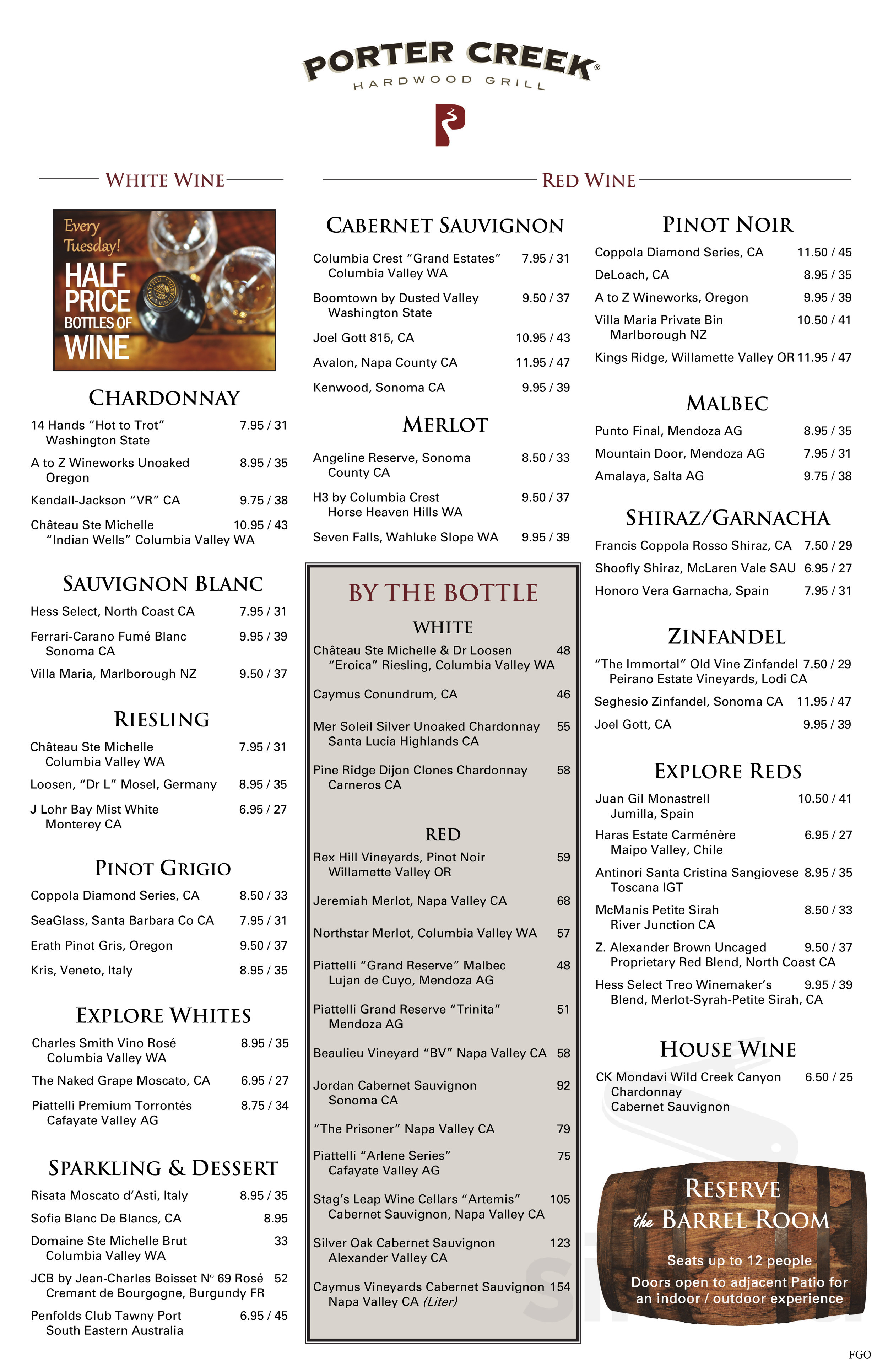 Porter Creek Hardwood Grill menu in Burnsville, Minnesota, USA