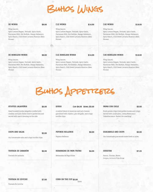 Los Buhos menu in Austin, Texas, USA