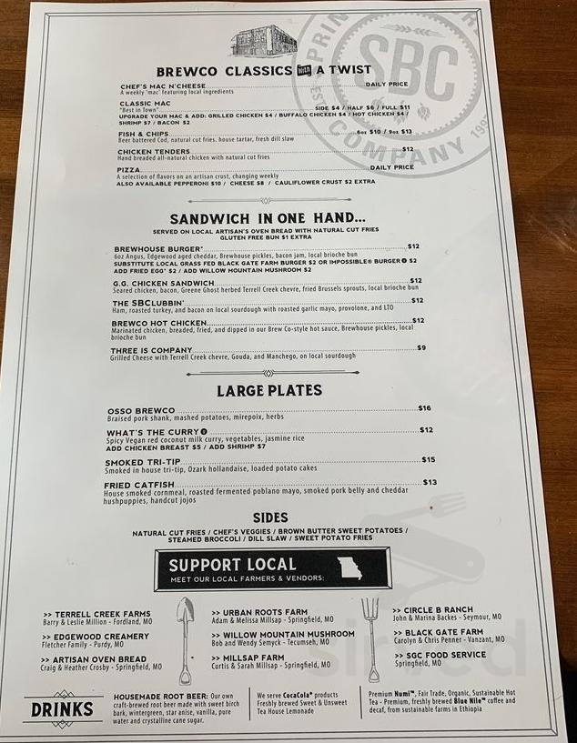 Springfield Brewing Company menu in Springfield, Missouri, USA