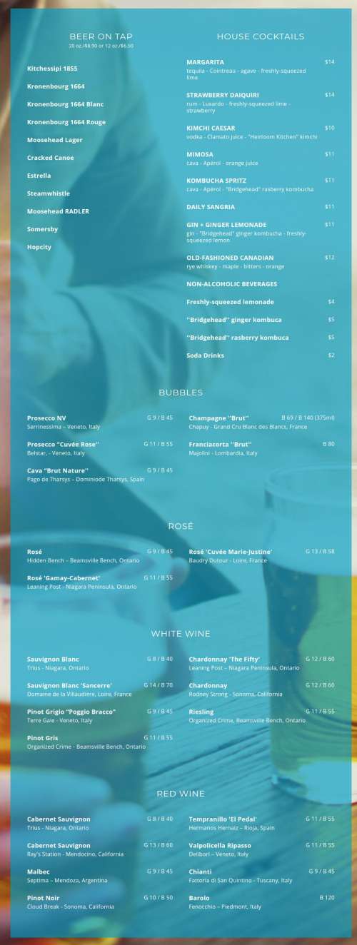 Tavern on the Falls menu in Ottawa, Ontario, Canada