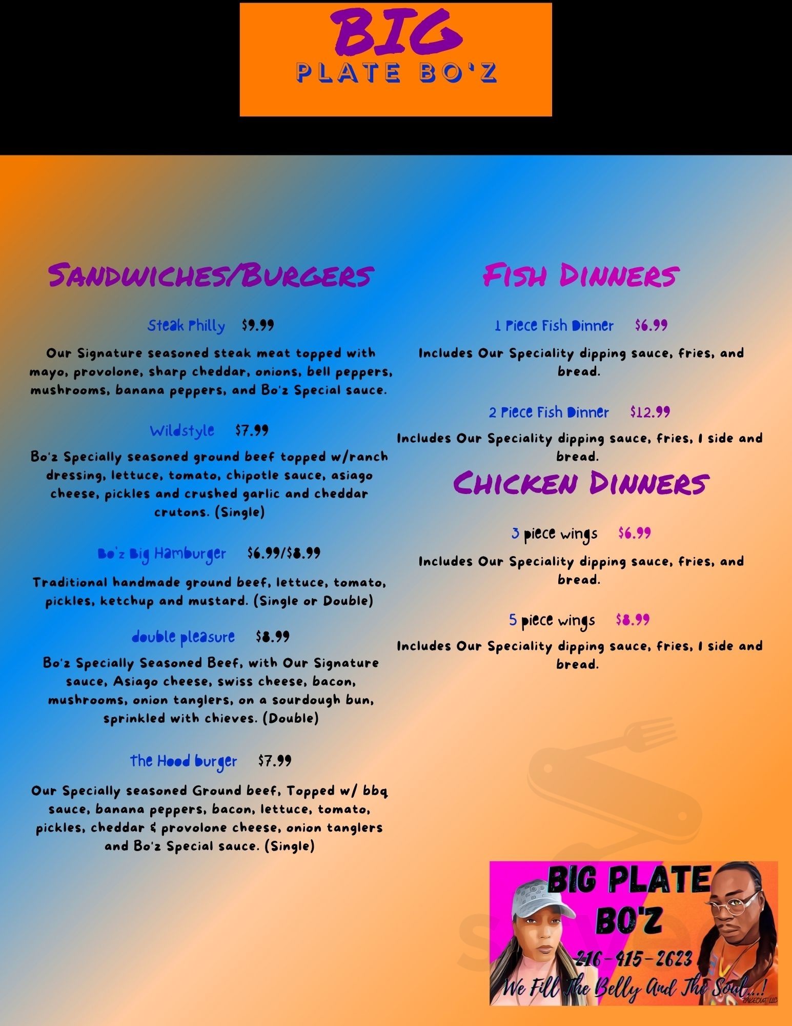 Big Plate Bo'z menu in Cleveland, Ohio, USA