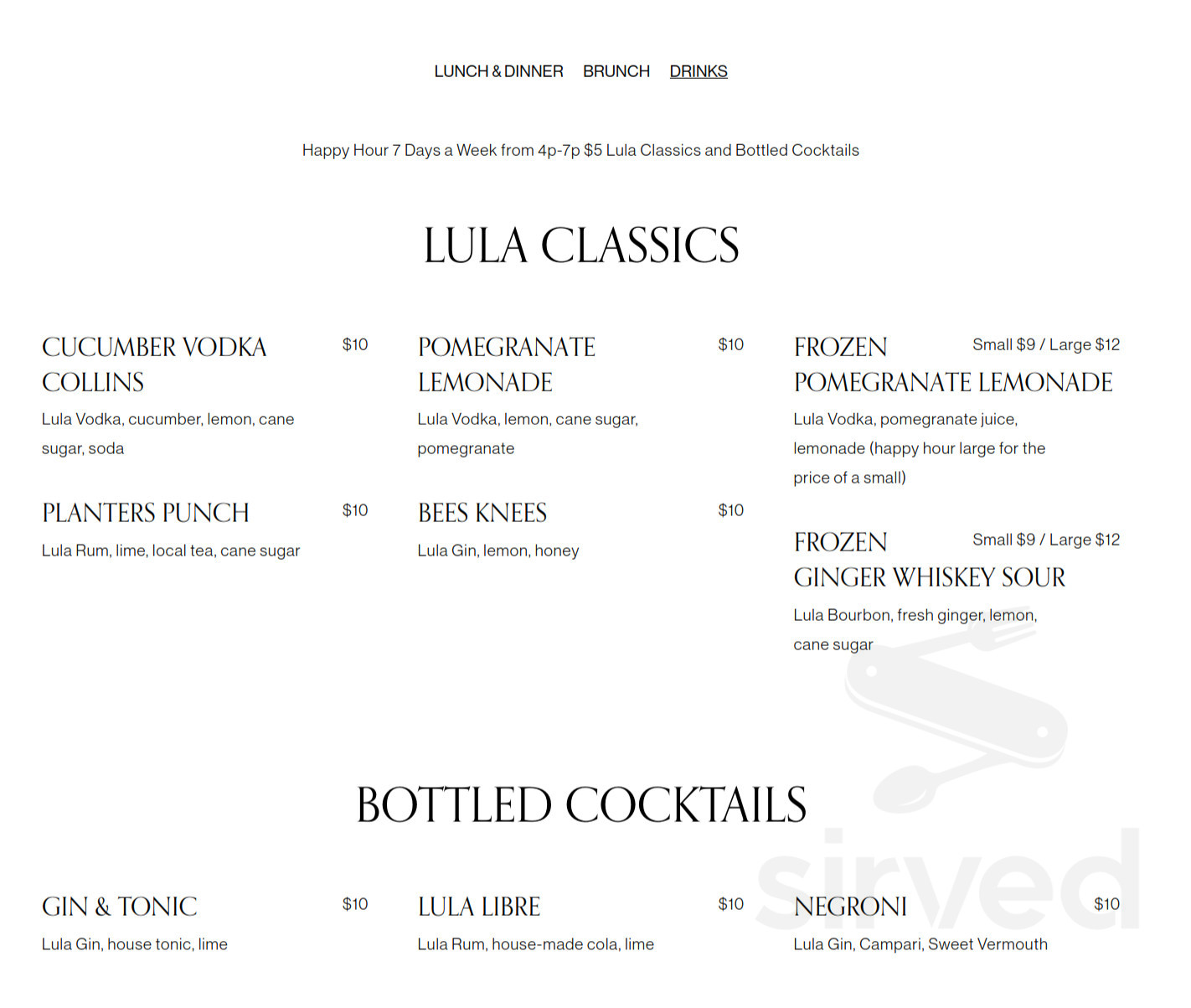 Lula Restaurant Distillery menu in New Orleans, Louisiana, USA
