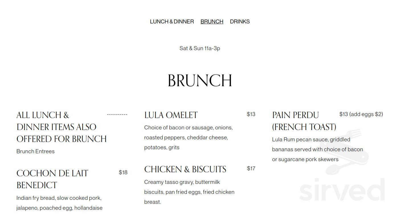 Lula Restaurant Distillery menu in New Orleans, Louisiana, USA