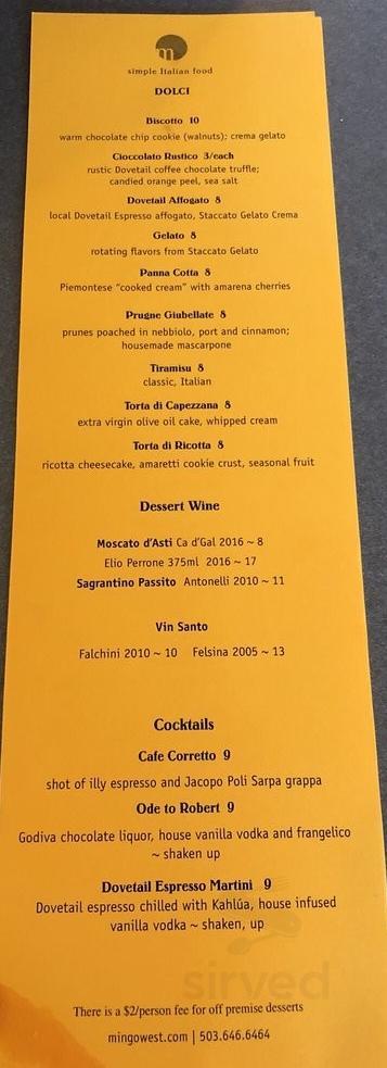 Mingo menu in Beaverton, Oregon, USA