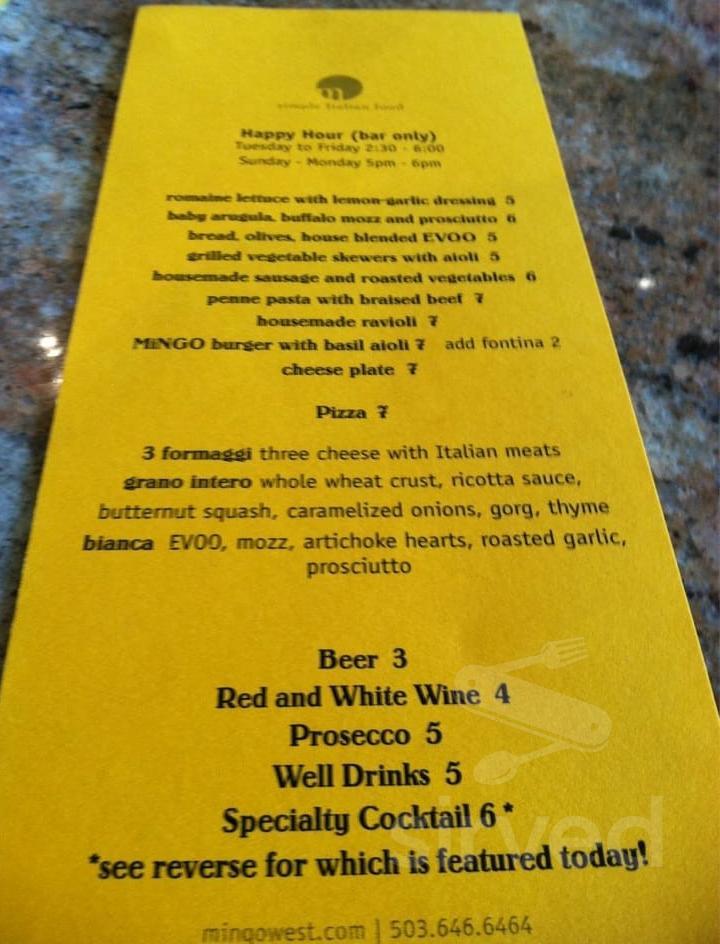 Mingo menu in Beaverton, Oregon, USA