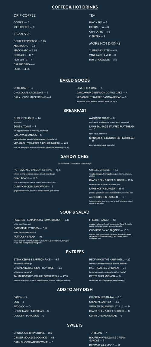 Agnes menu in Houston, Texas, USA