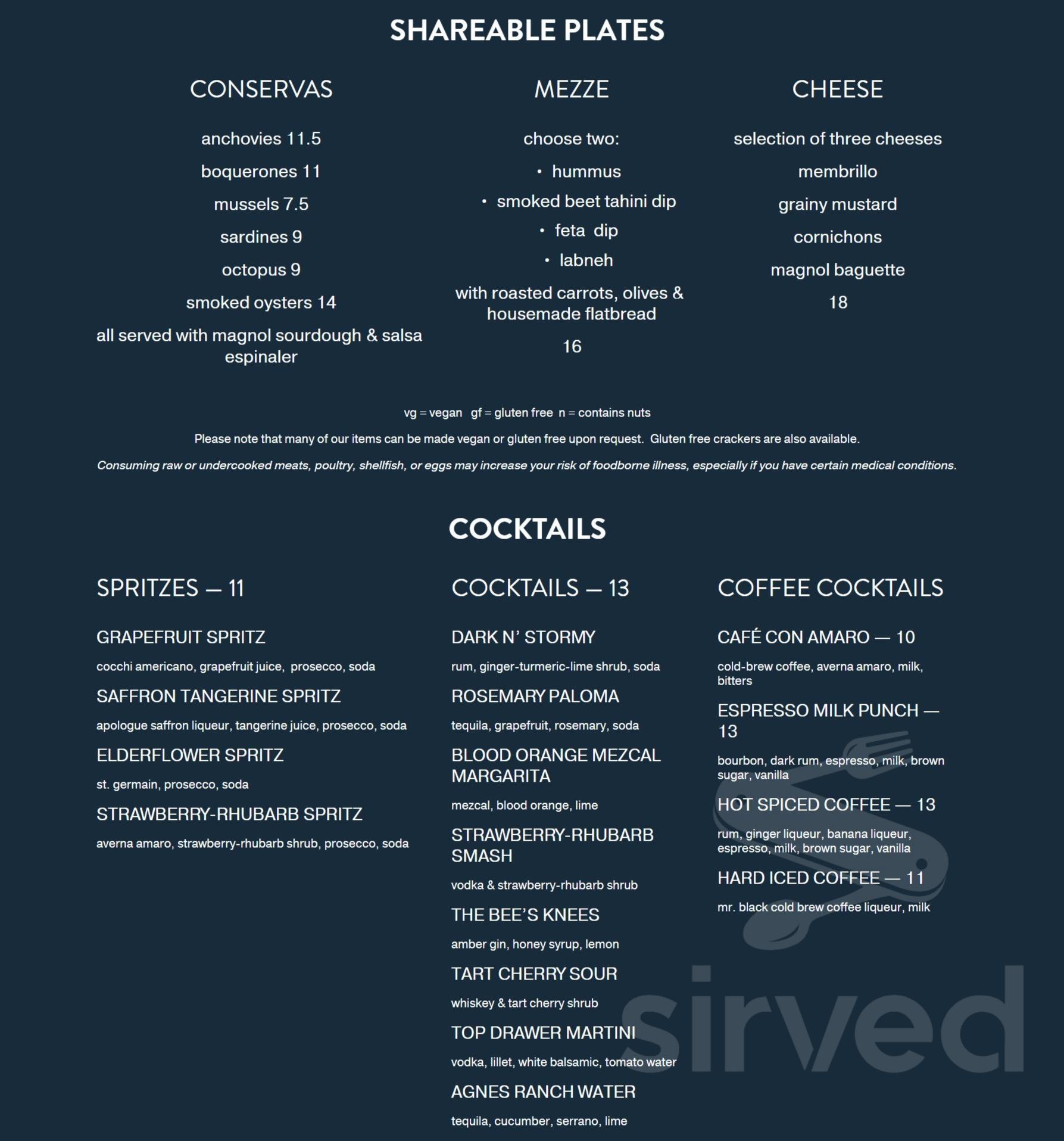 Agnes menu in Houston, Texas, USA
