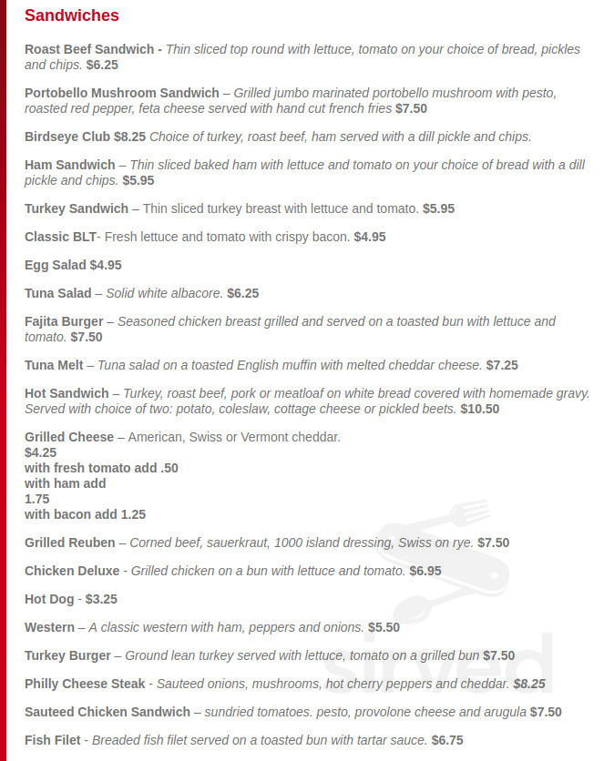 The Birdseye Diner menu in Castleton, Vermont, USA