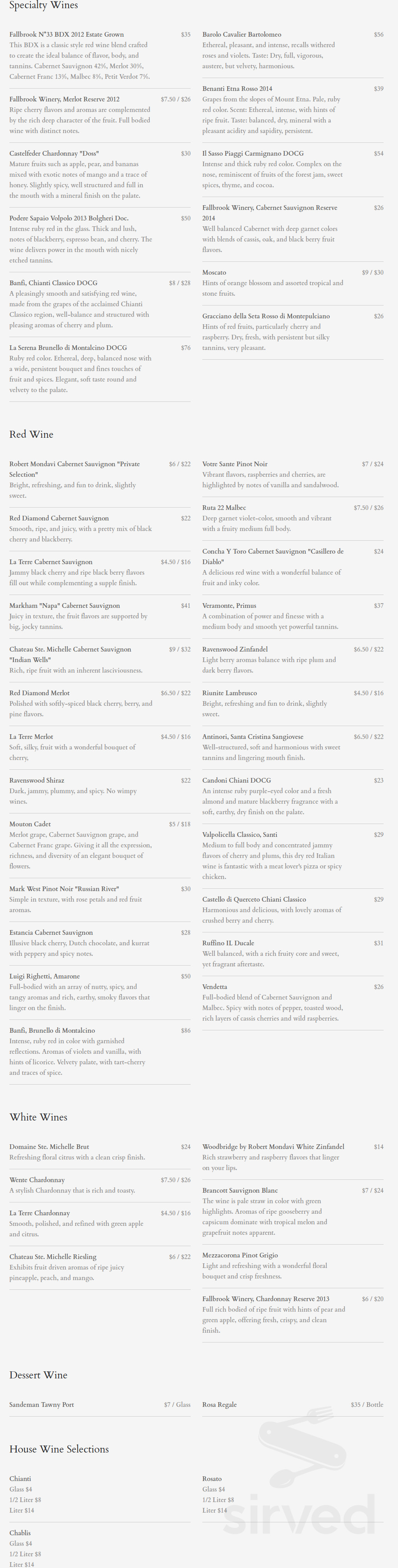 Menu - Vista CA's Ciao Ristorante Italiano | Sirved