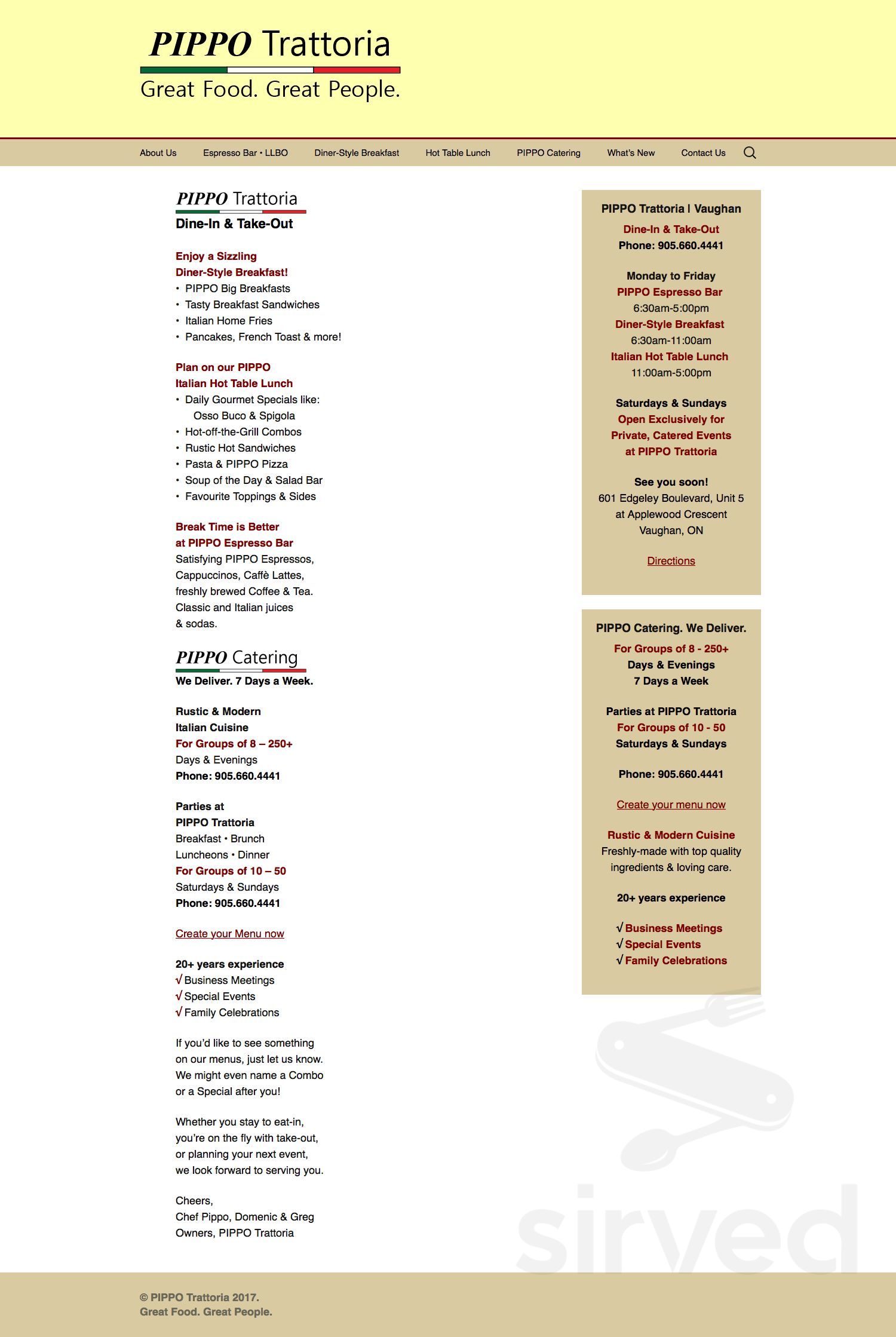 Pippo Trattoria menus in Concord, Ontario, Canada