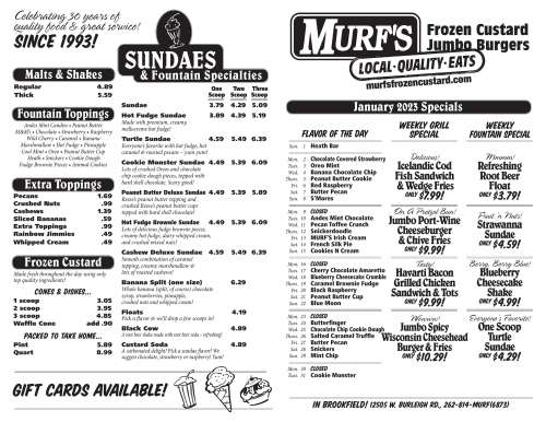 Murf's Frozen Custard & Jumbo Burgers menu in Waukesha, Wisconsin, USA