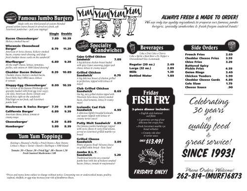 Murf's Frozen Custard & Jumbo Burgers menu in Waukesha, Wisconsin, USA