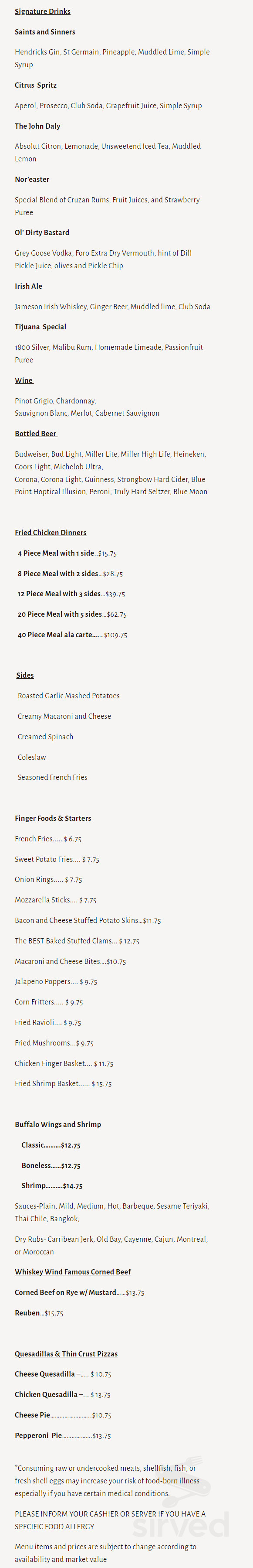 Whiskey Wind Tavern menu in Greenport, New York, USA