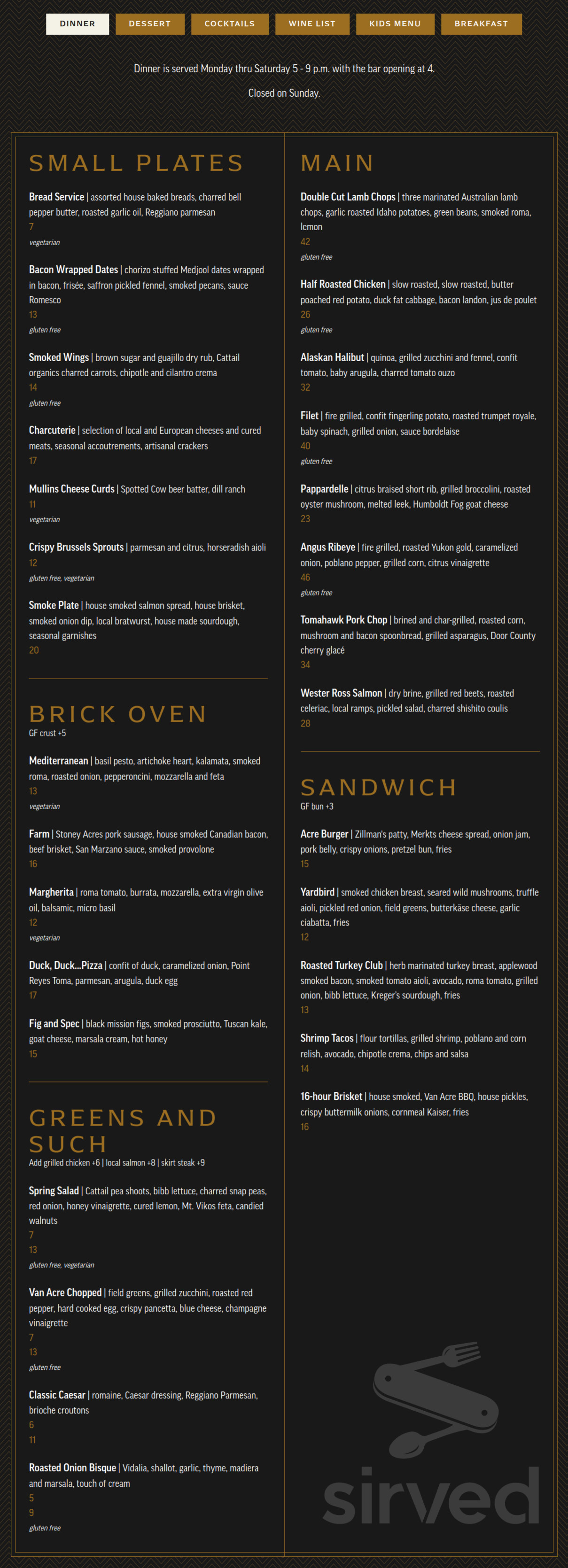 Menu for Van Acre in Wausau, WI | Sirved