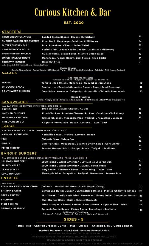 Curious Kitchen and Bar menu in Senoia, Georgia, USA