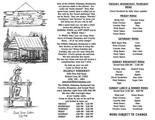 Hillbilly Hide-A-Way Restaurant menu in Walnut Cove, North Carolina, USA