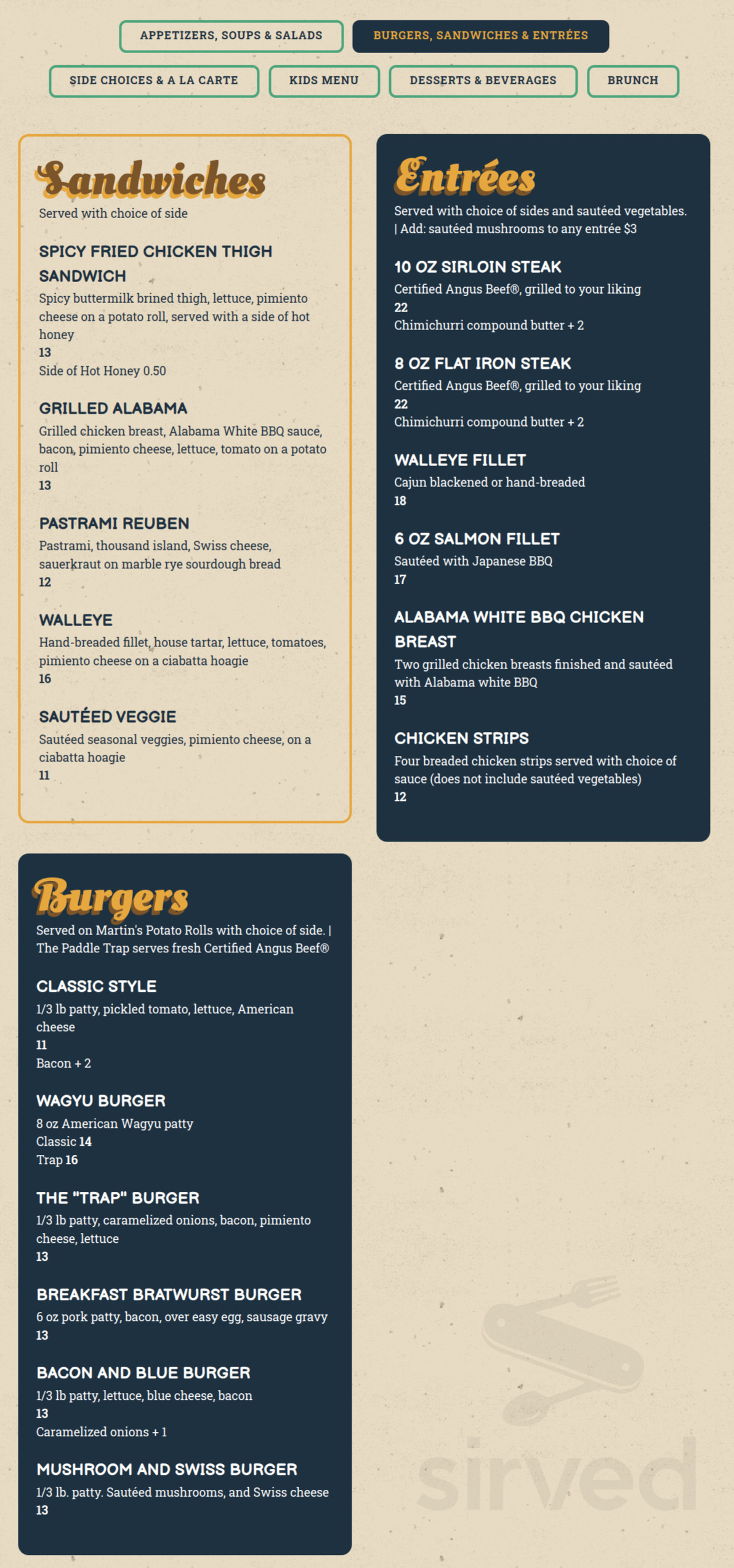 The Paddle Trap menu in Mandan, North Dakota, USA
